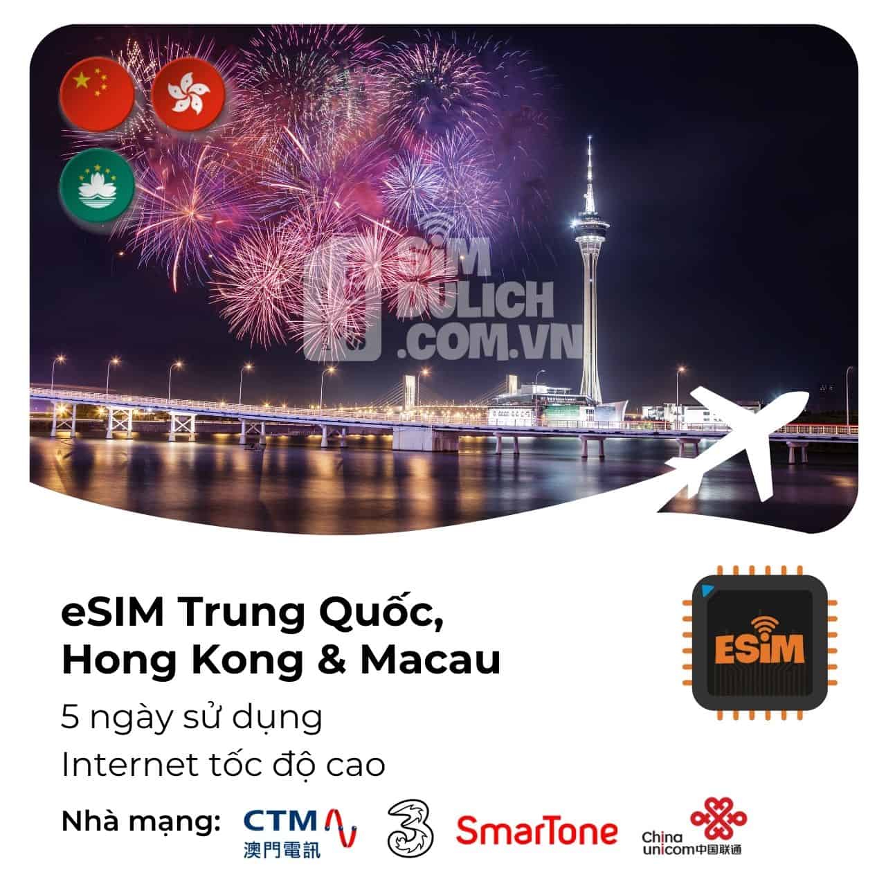 eSIM du lịch Trung Quốc, Hong Kong, Macau 5 ngày 3GB - 20GB data