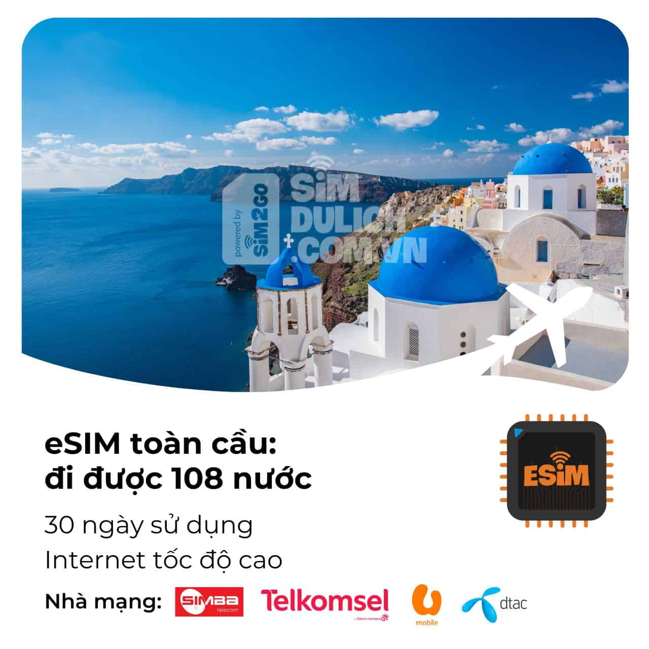 eSIM du lịch quốc tế 108 nước 30 ngày 3GB - 10GB data