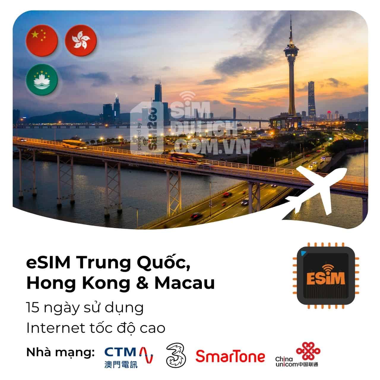 eSIM du lịch Trung Quốc, Hong Kong, Macau 15 ngày 5GB - 30GB data